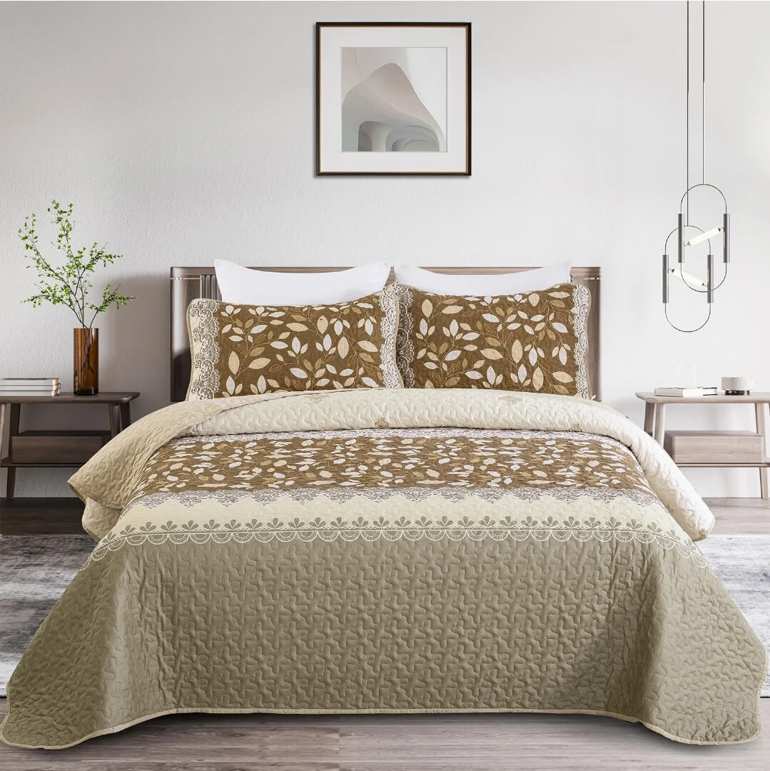 Brown Patchwork Coverlet Set Floral Quilted Bedspread Sets 3pcs 6220