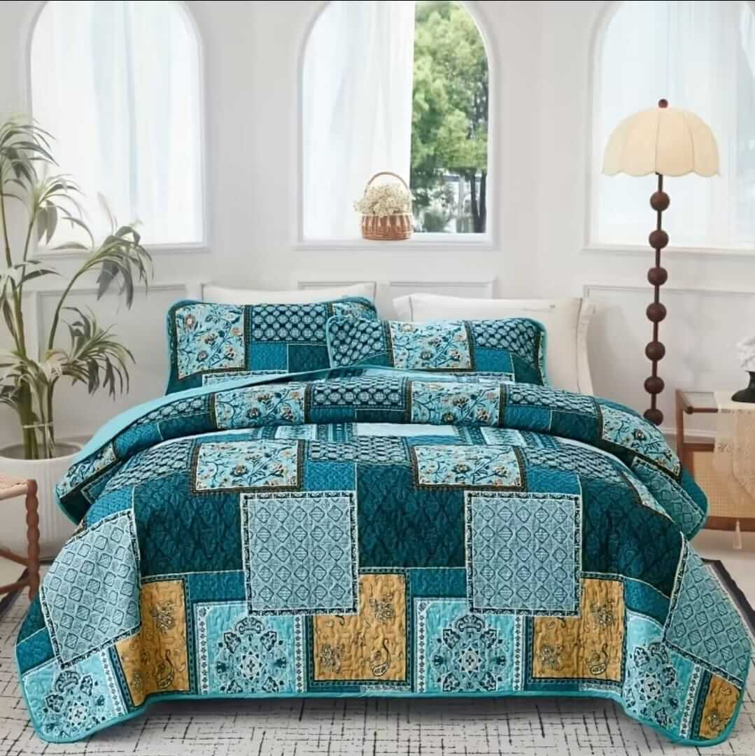 2026 Teal Patchwork Coverlet Set-Quilted Bedspread Sets (3Pcs)