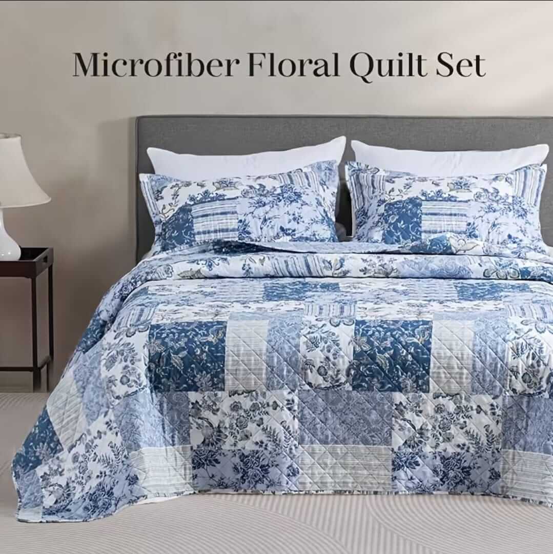 2026 Sky Blue Patchwork Coverlet Set-Quilted Bedspread Sets (3Pcs)