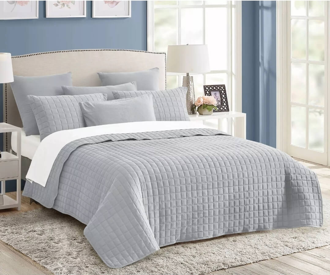 Silver Vintage Stone Washed Coverlet Set-Quilted Bedspread Sets (7Pcs)