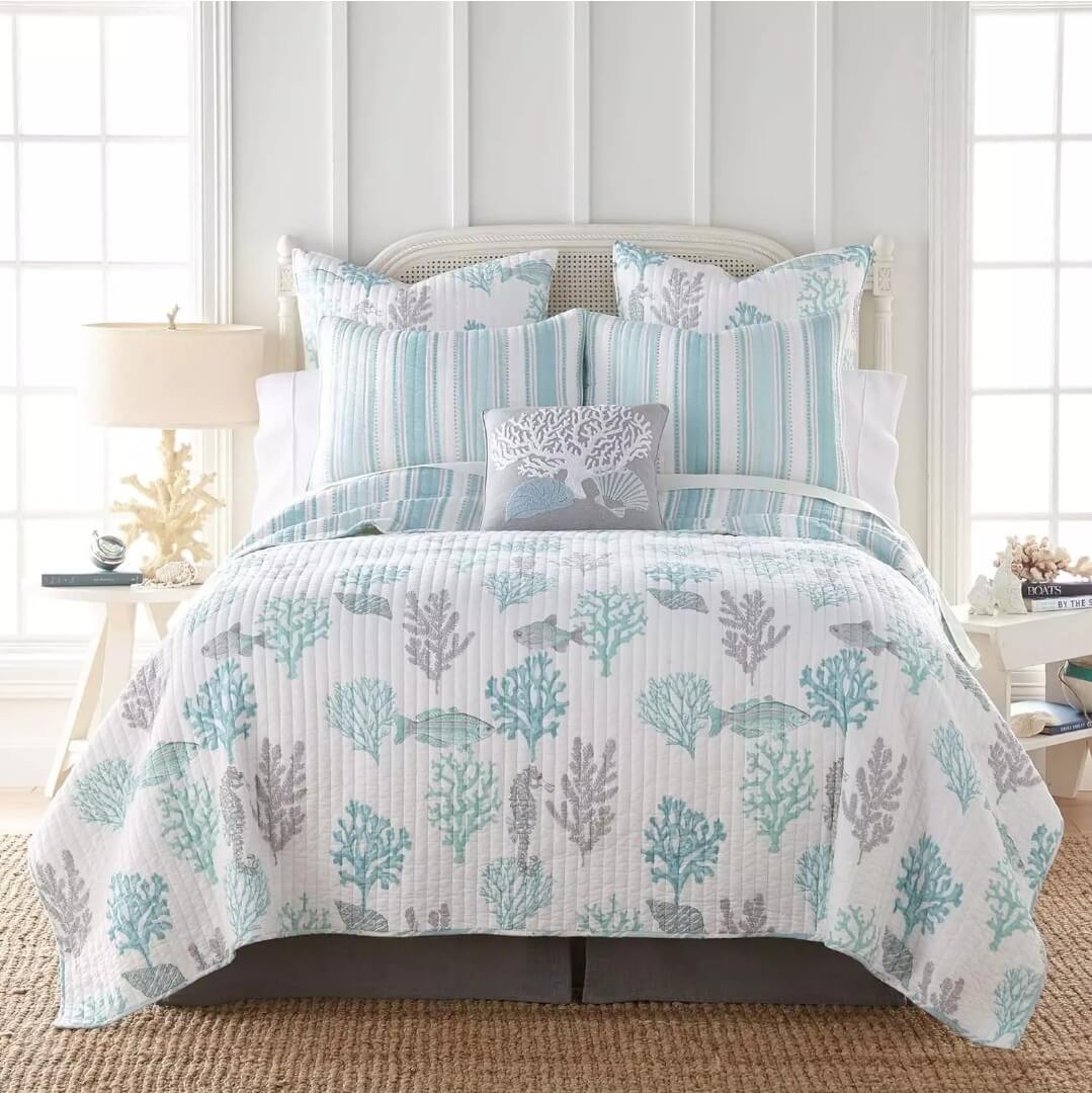 Tranquil Reef 100% Cotton Bedspread Set-260 GSM Reversible Coverlet Se