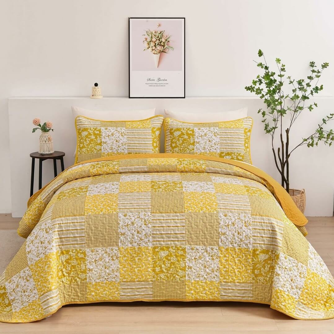 2025 Yellow Coverlet Set-Quilted Bedspread Sets (3Pcs)