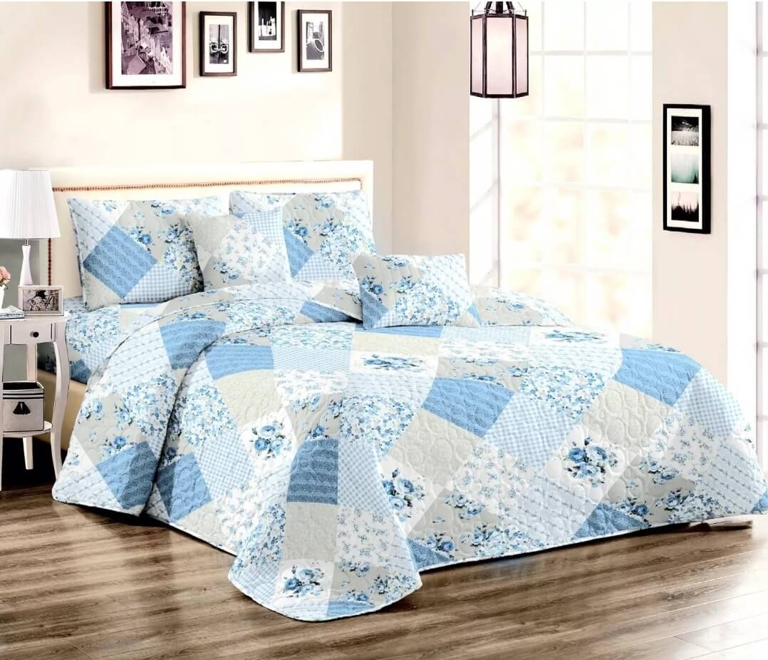 Sky Blue Patchwork Bedspread Set-Quilted Coverlet Sets (3Pcs)