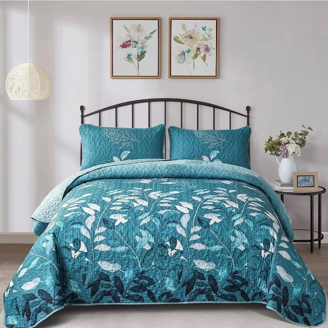 Floral Sea Green Quilted Bedspread Coverlet Sets (3Pcs)