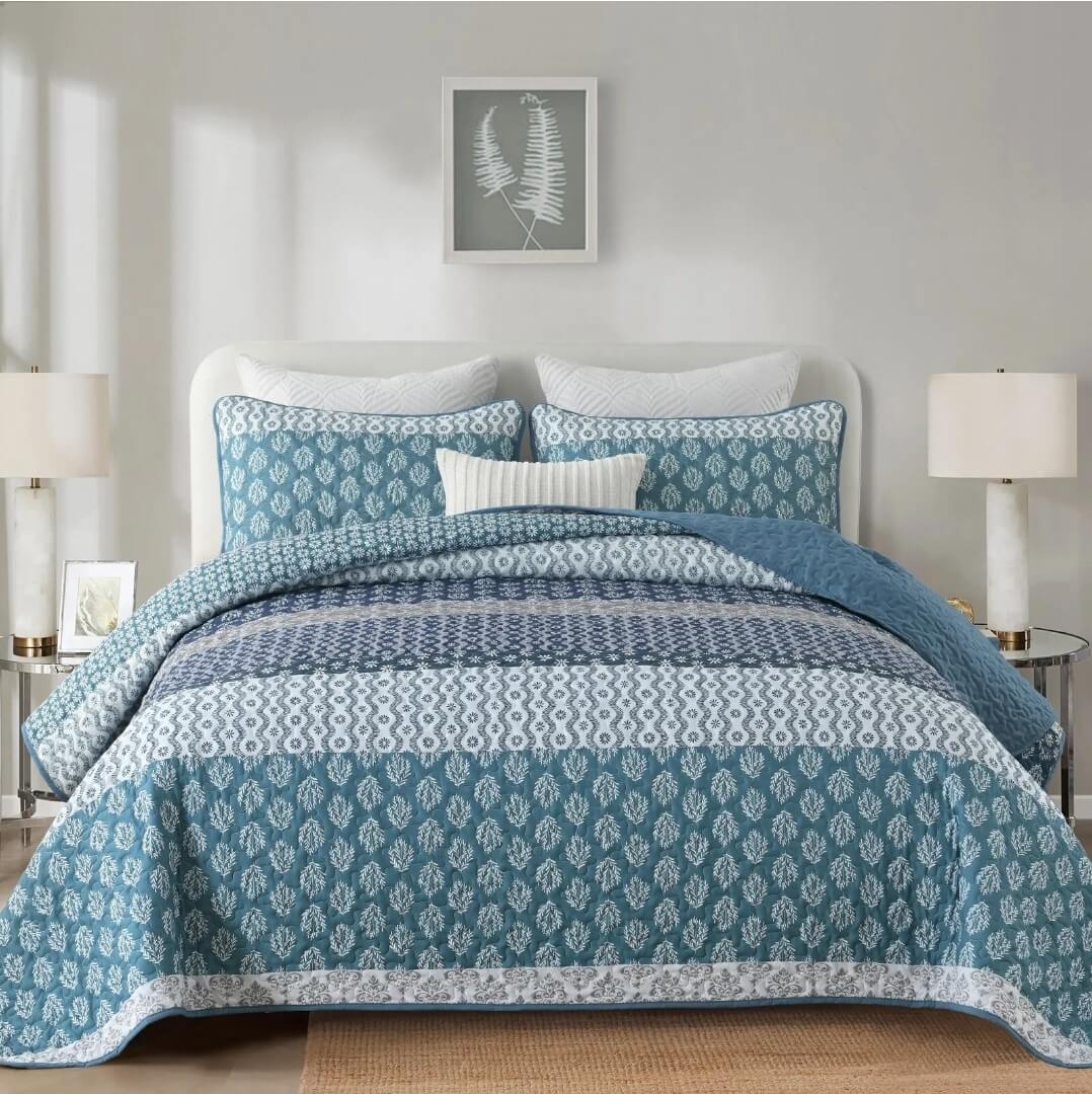 Sky Blue Striped Coverlet Set-Quilted Bedspread Sets (3Pcs)