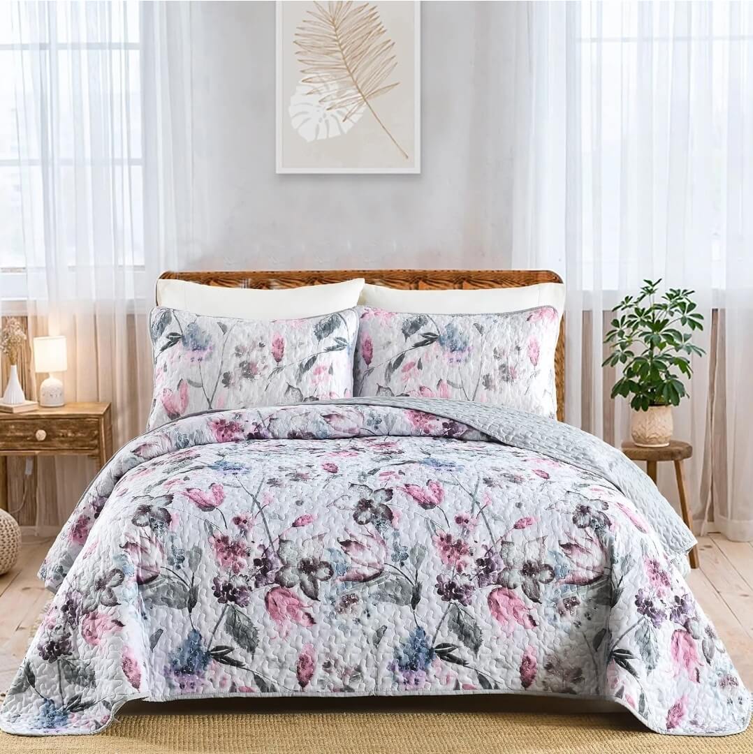 Purple Flower Bianca Coverlet Set-Quilted Bedspread Sets (3Pcs)