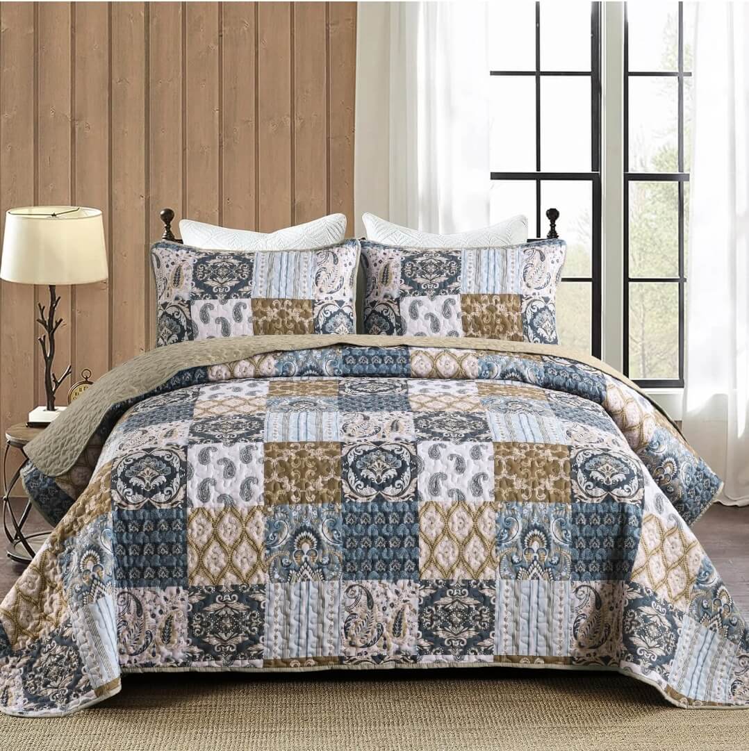 2025 Green Checked Quilted Bedspread Coverlet Sets (3Pcs)