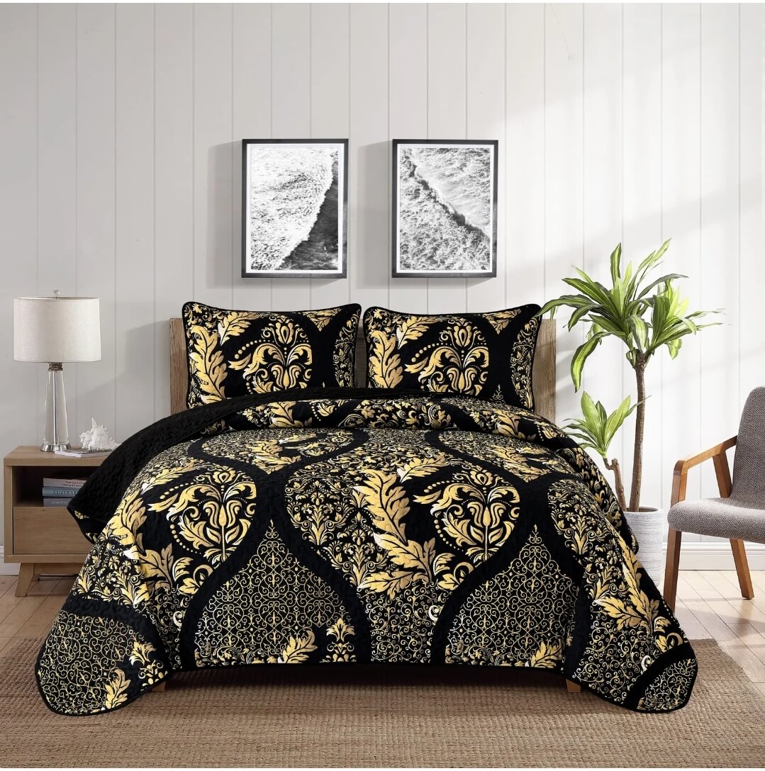Black & Gold Quilted Bedspread Coverlet Sets (3Pcs)
