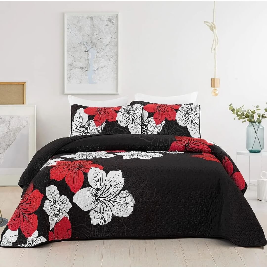 Red Floral Black Coverlet Set-Quilted Bedspread Sets (3Pcs)