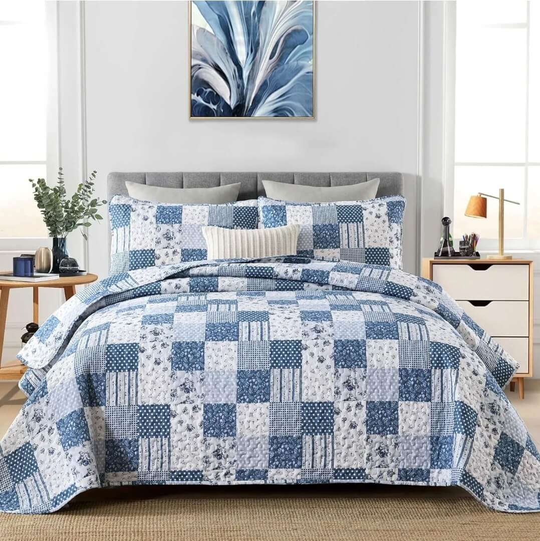 Navy Blue Chess Quilted Bedspread Coverlet Sets (3Pcs)