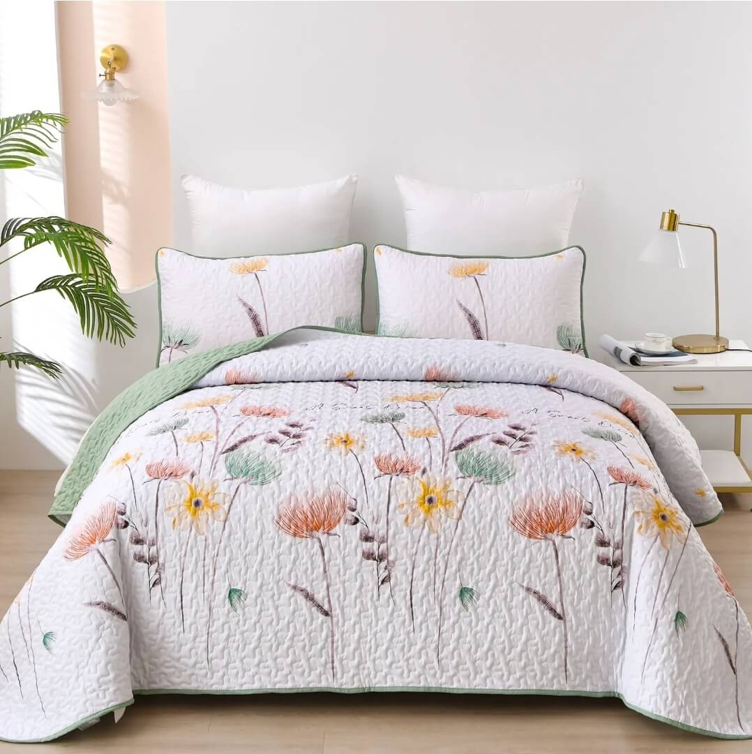 Light Green Flower Coverlet Set-Quilted Bedspread Sets (3Pcs)