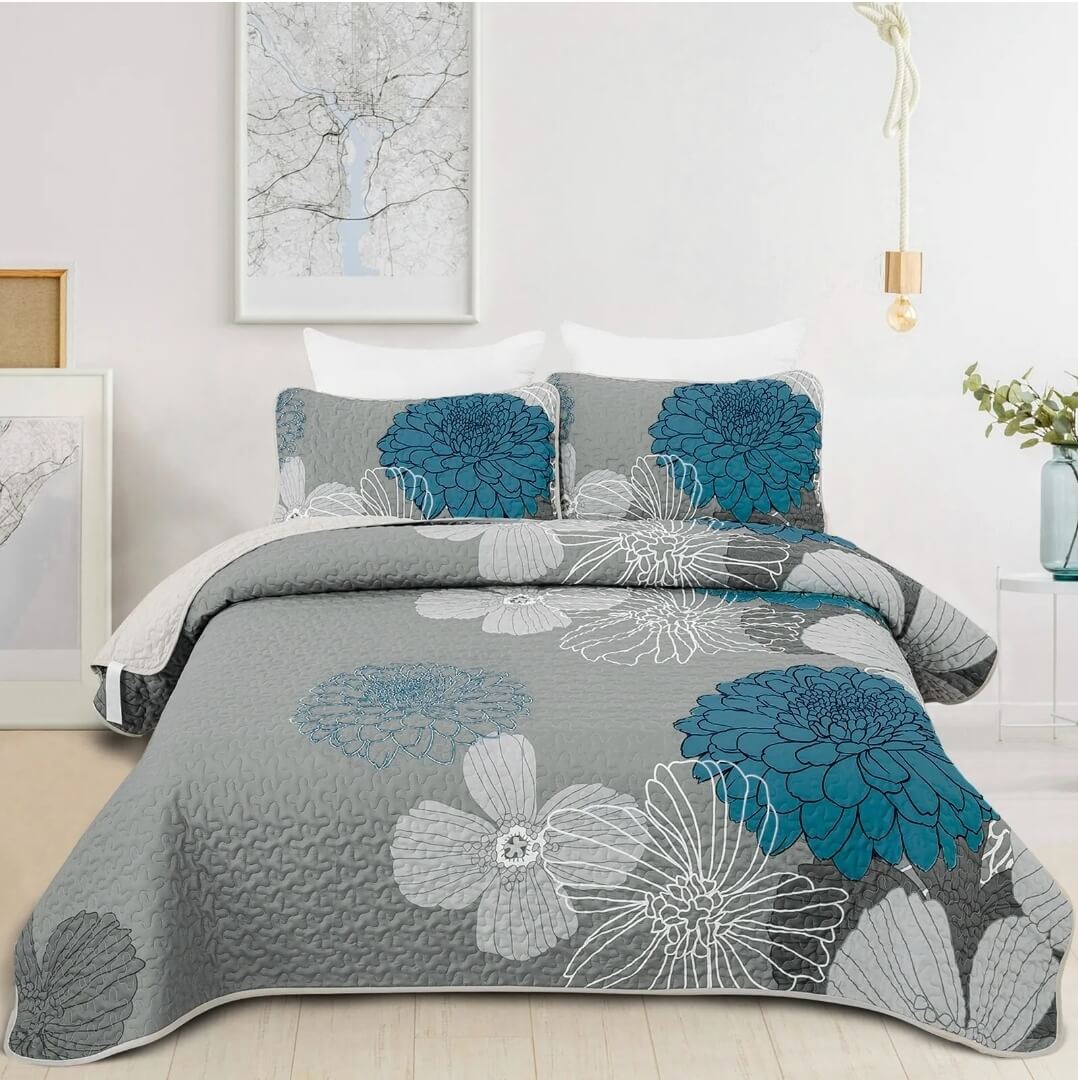 Grey Base Blue Floral Bedspread Coverlet Sets (3Pcs)