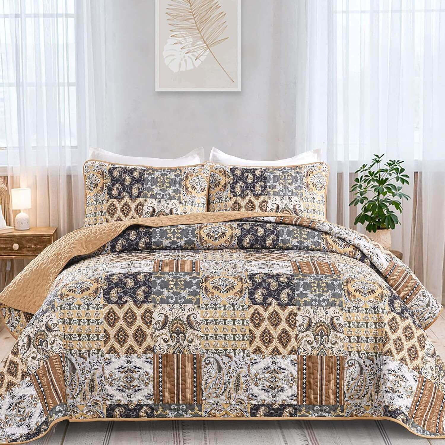2026 New Beige Patchwork Coverlet Set -Quilted Bedspread Sets (3Pcs)