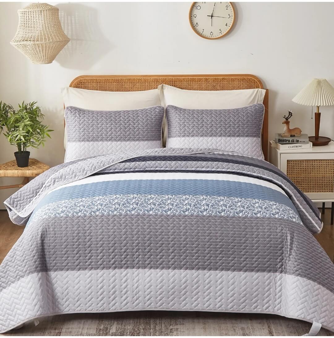 Light Lavender Striped Coverlet Set-Quilted Bedspread Sets (3Pcs)