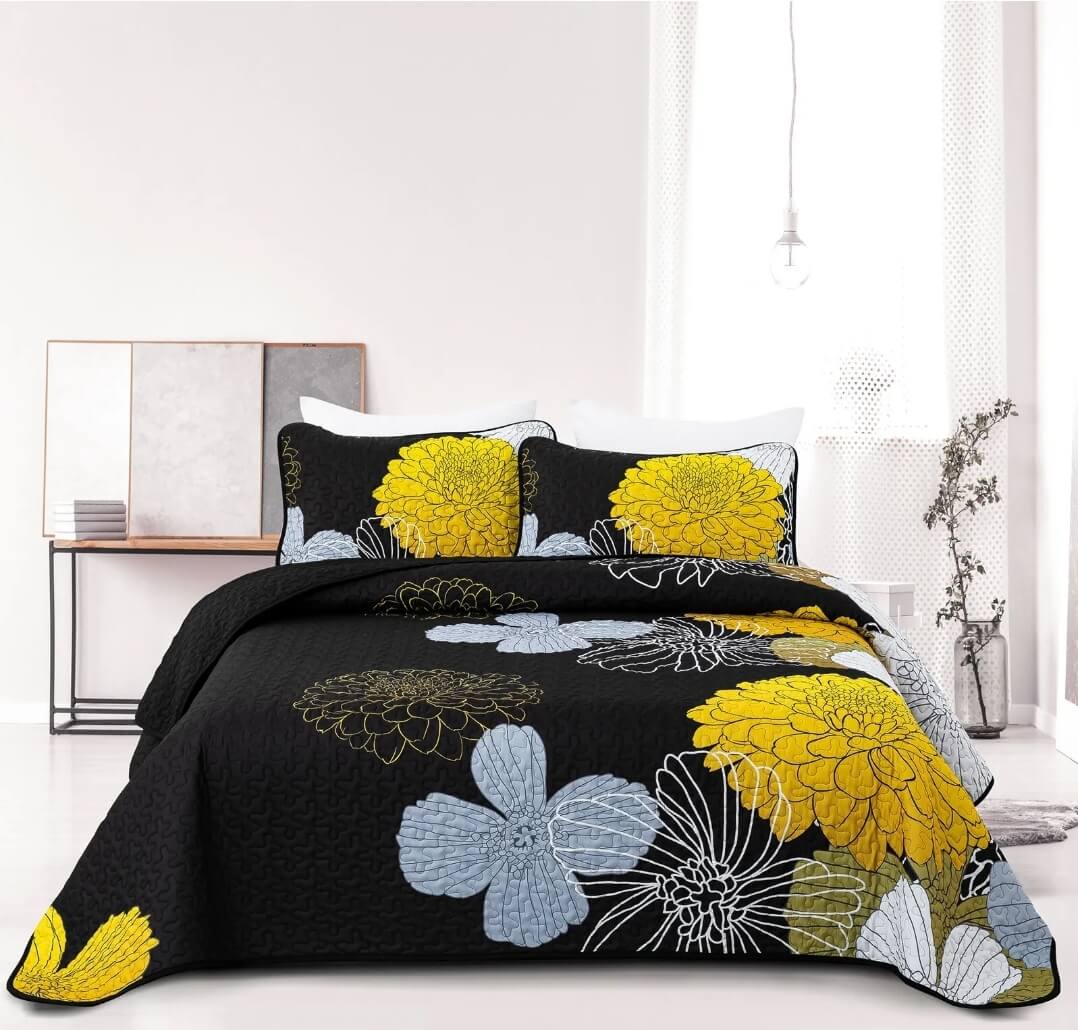 Black Sunflower Coverlet Set-Quilted Bedspread Sets (3Pcs)