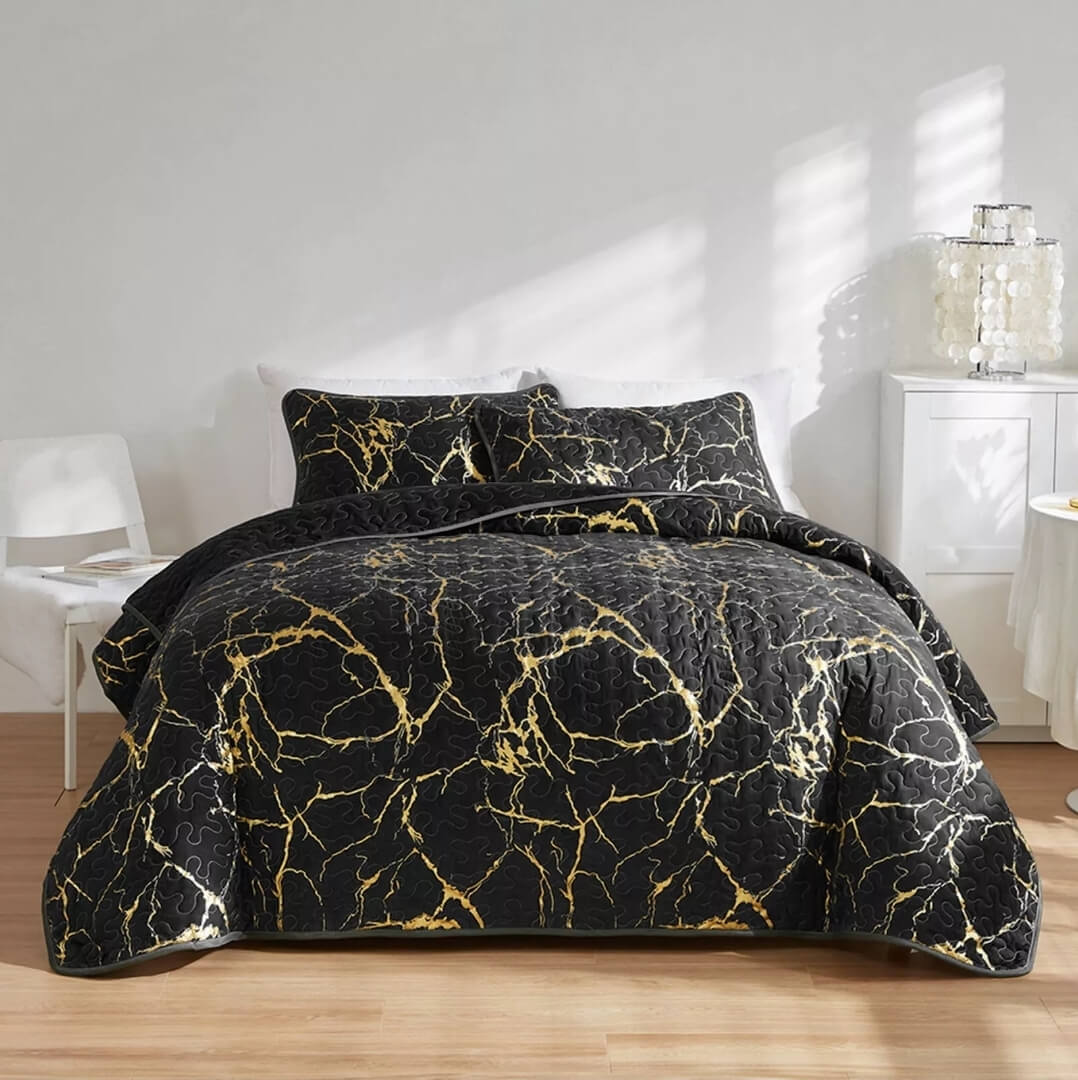Black Gold Coverlet Set-Quilted Bedspread Sets (3Pcs)