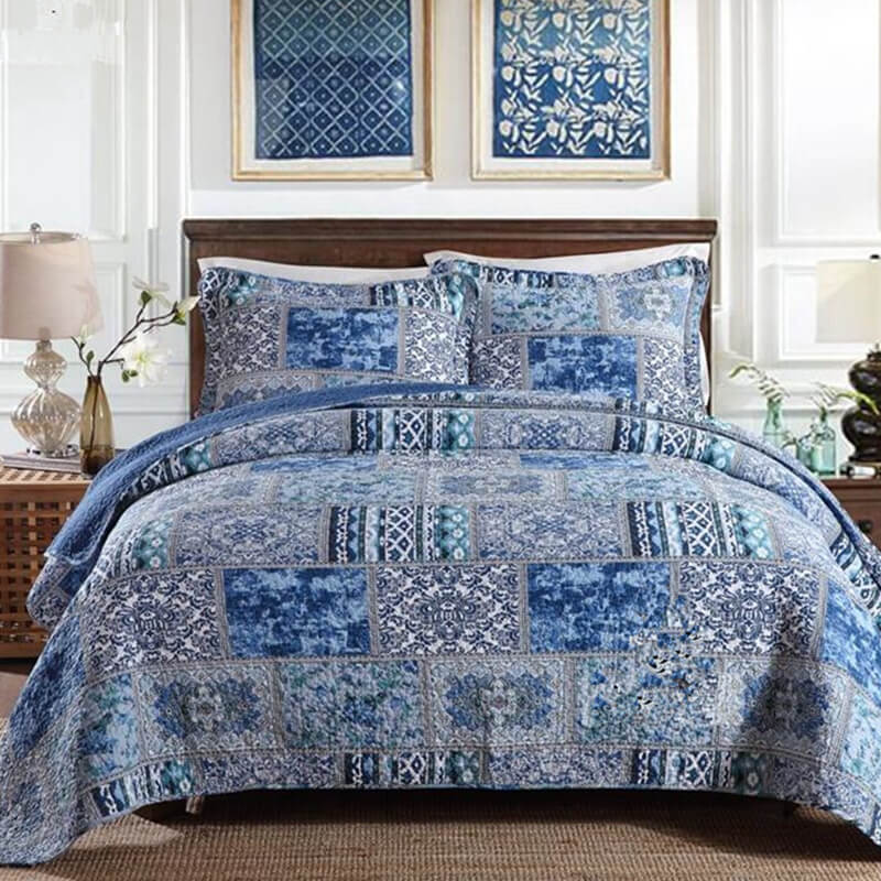 100% Cotton Bedspread Coverlet Set (3Pcs) - Blue Patchwork Quilt