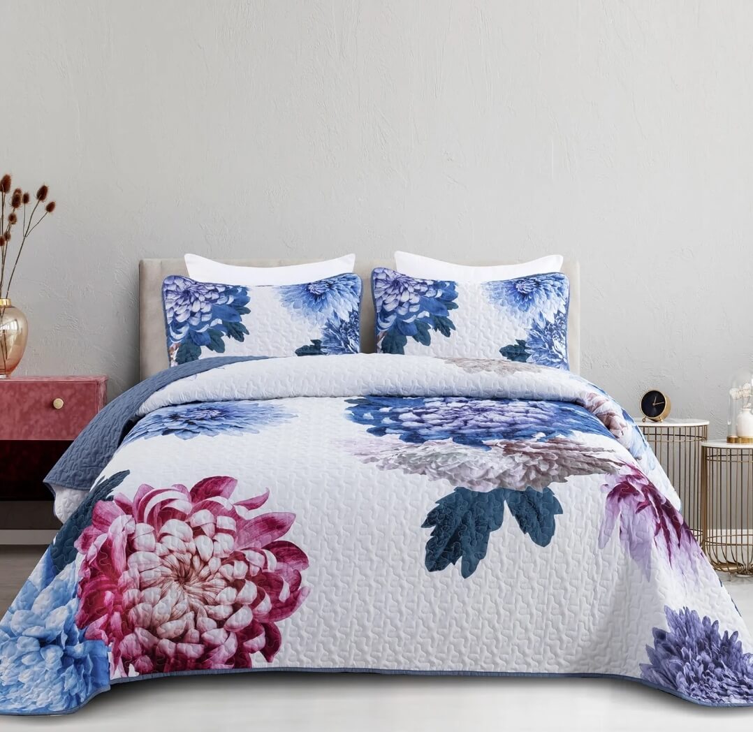 2025 Blue Floral Quilted Bedspread Coverlet Sets (3Pcs)