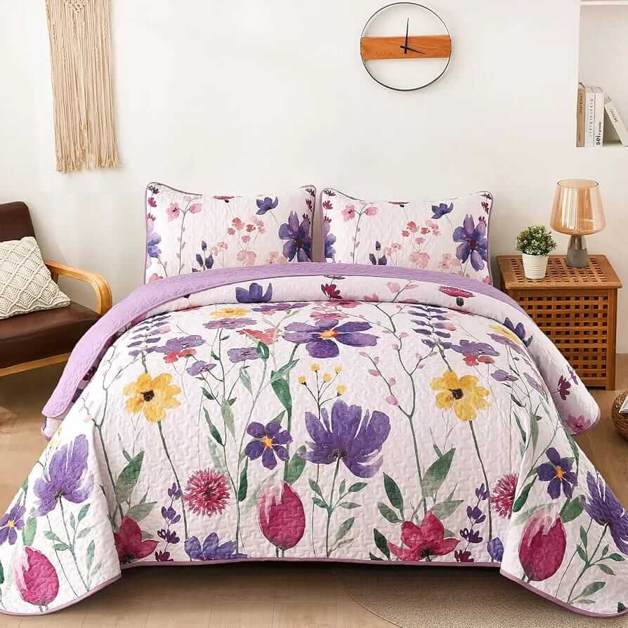 Pink & Purple Floral Coverlet Set-Quilted Bedspread Sets (3Pcs)