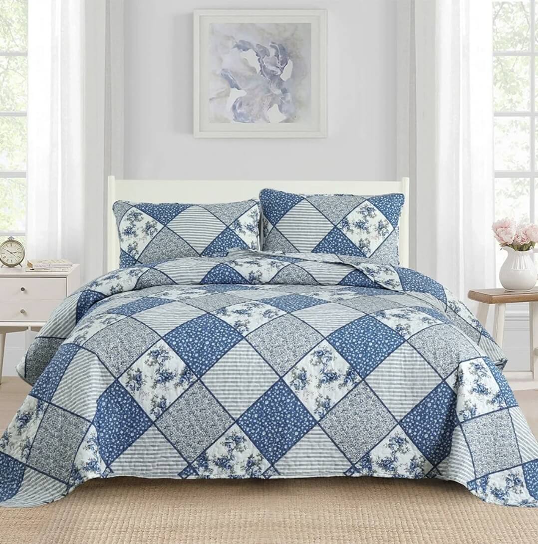 Sky Blue Patchwork Bedspread Set-3 Piece Quilted Coverlet