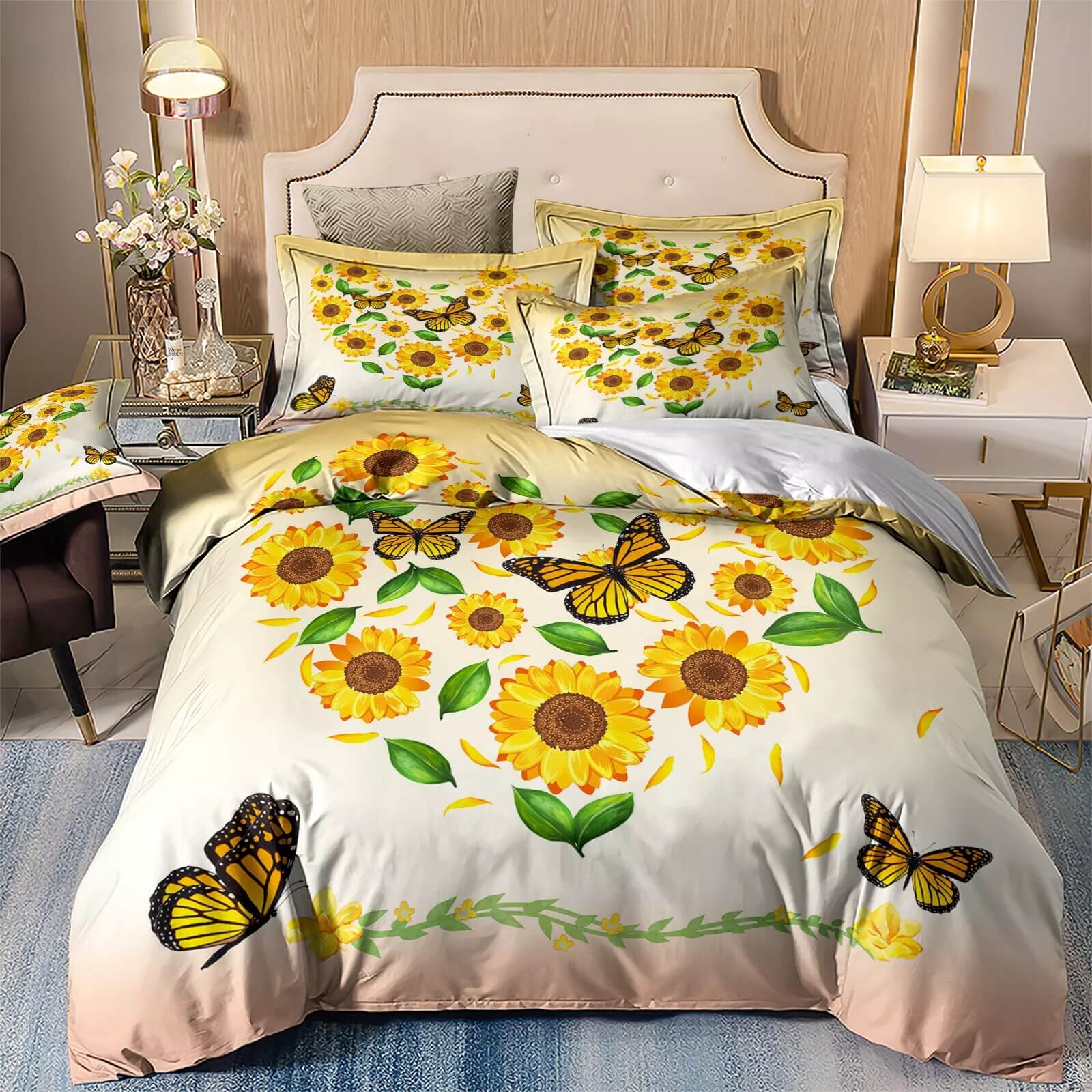 New Butterfly design Sunflower Comforter Set-Quilt Set (3Pcs)