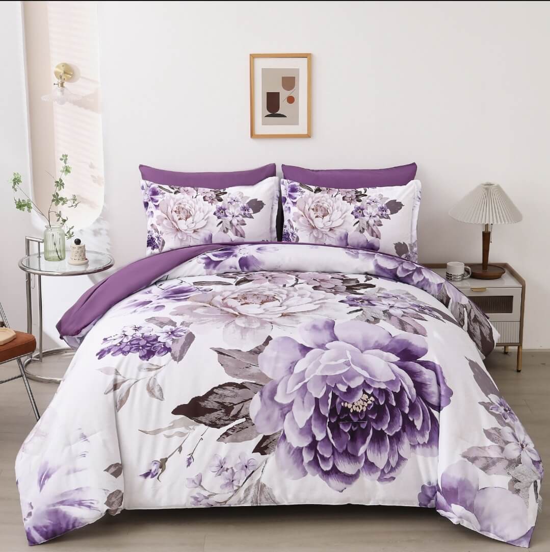 Purple Floral Comforter Set - Australian Standard Quilt Set (3Pcs)