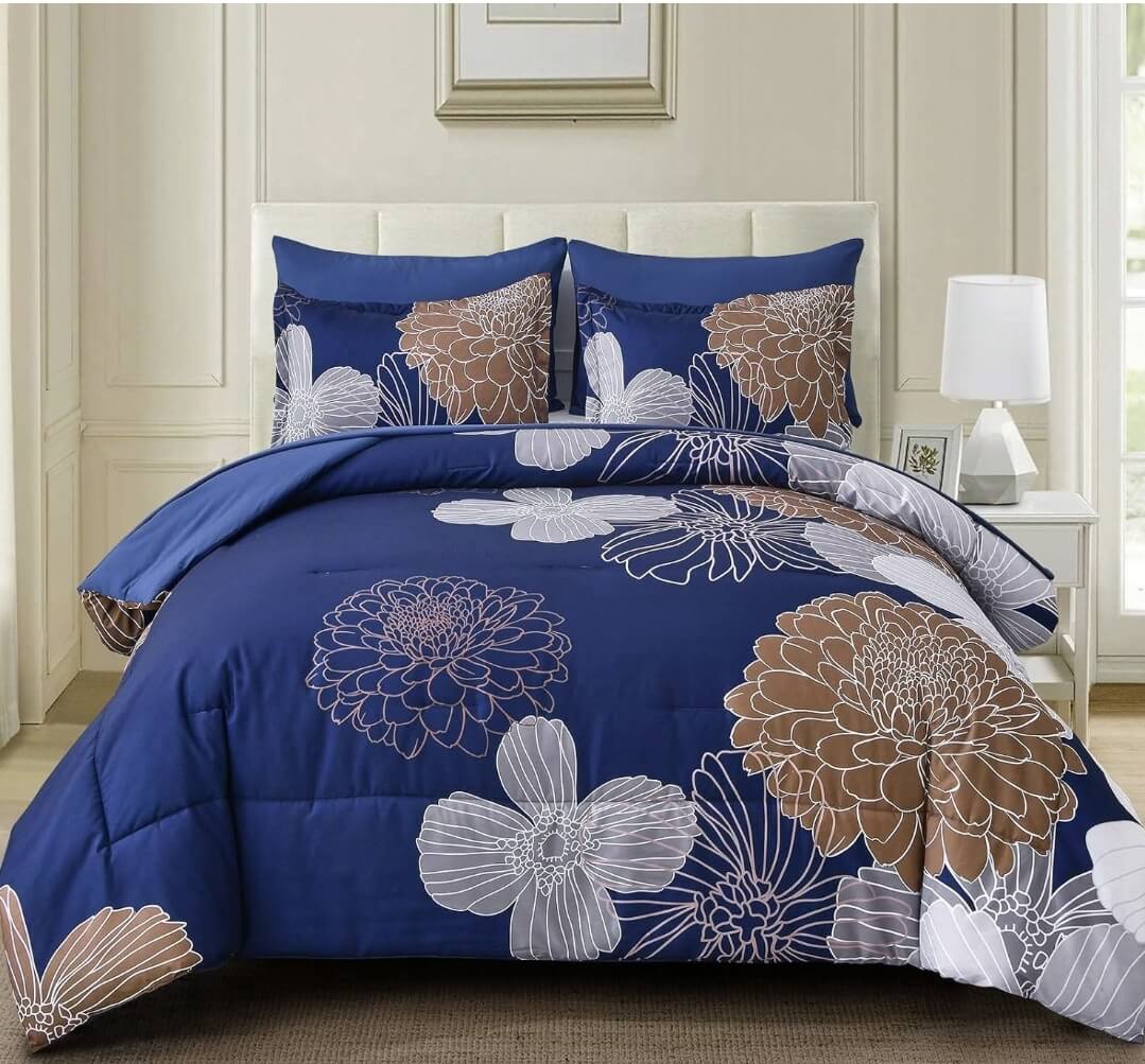 2025 Navy Floral Comforter Set-Quilt Set (3Pcs)