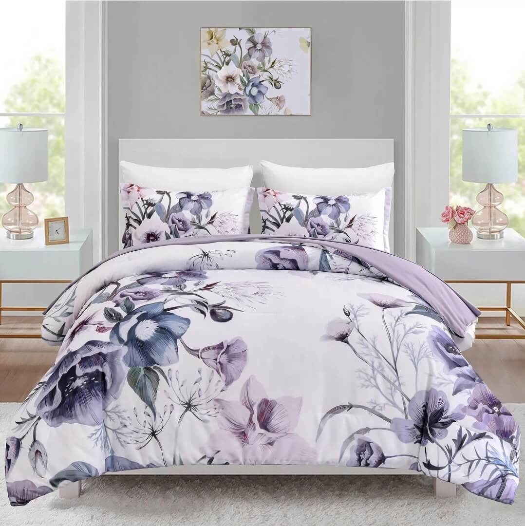 Purple Floral Design Comforter Set-Quilt Set (3Pcs)