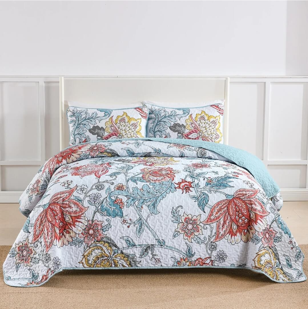 Floral Blue Coverlet Set-Quilted Bedspread Sets (3Pcs)