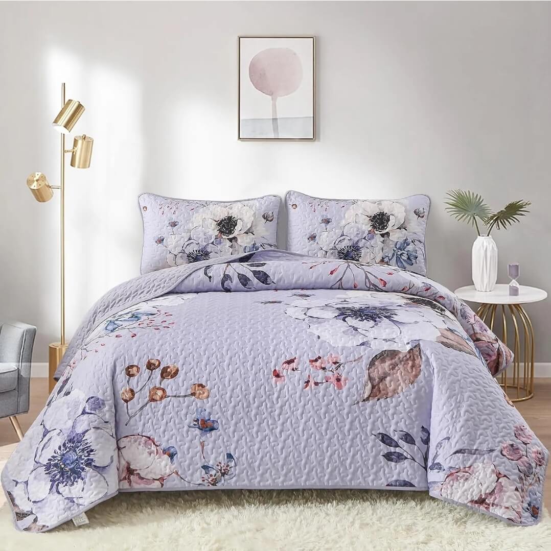 Light Lavender Floral Coverlet Set-Quilted Bedspread Sets (3Pcs)
