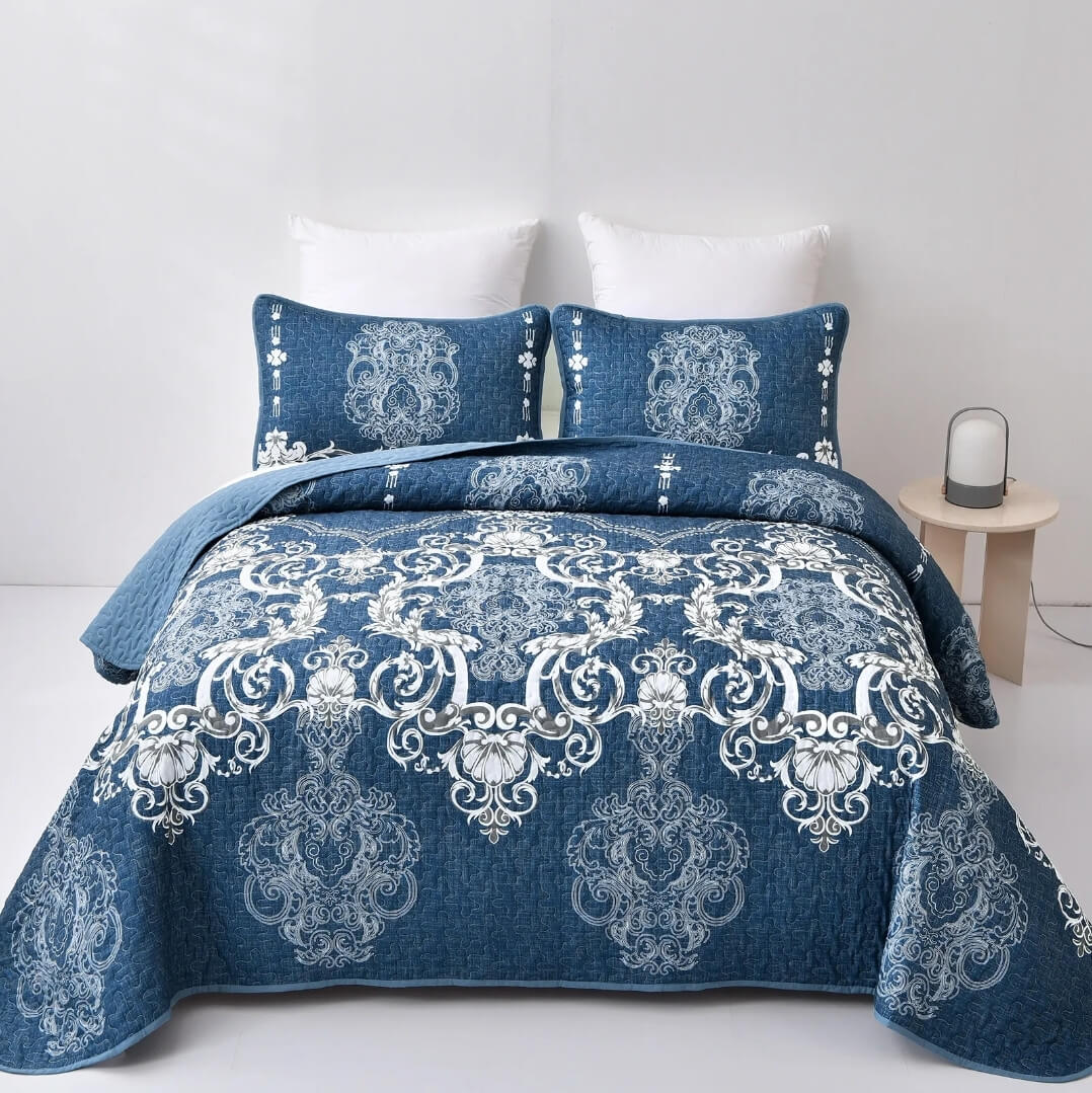 Blueish Flower Coverlet Set-Quilted Bedspread Sets (3Pcs)