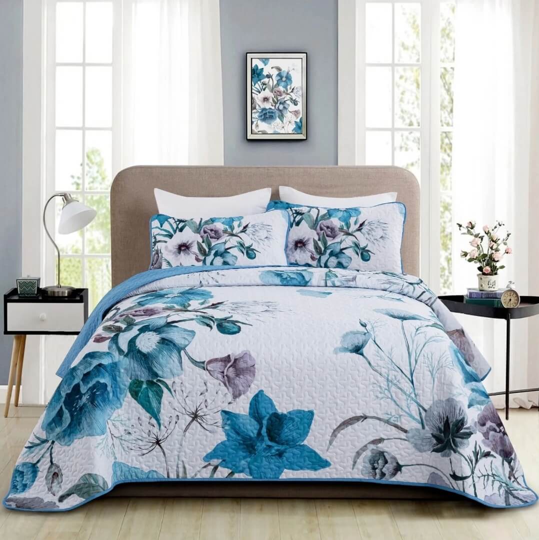 Dark Blue Floral Coverlet Set-Quilted Bedspread Sets (3Pcs)