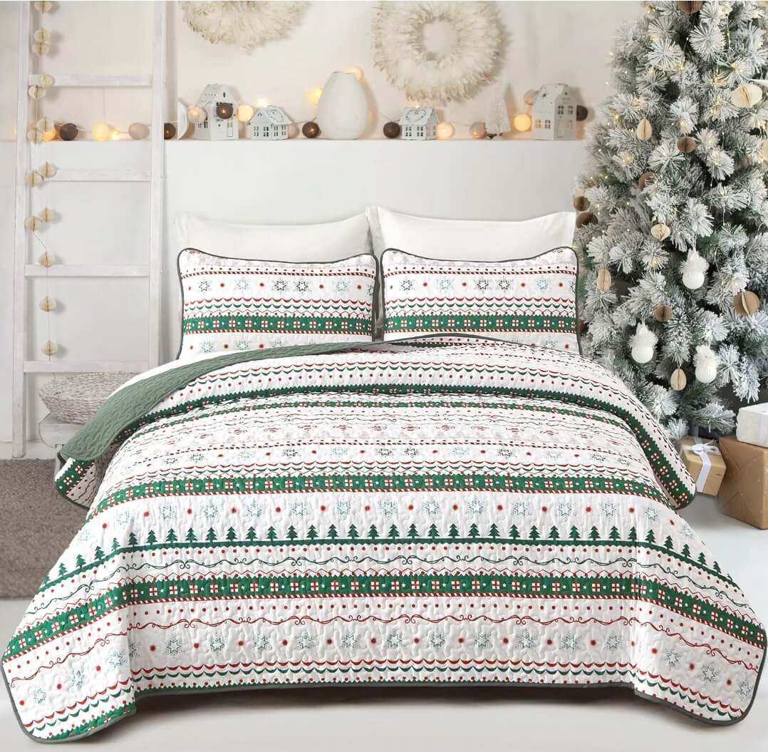 Australian Summer Quilt-Green Striped Bedspread Coverlet Set (3Pcs)