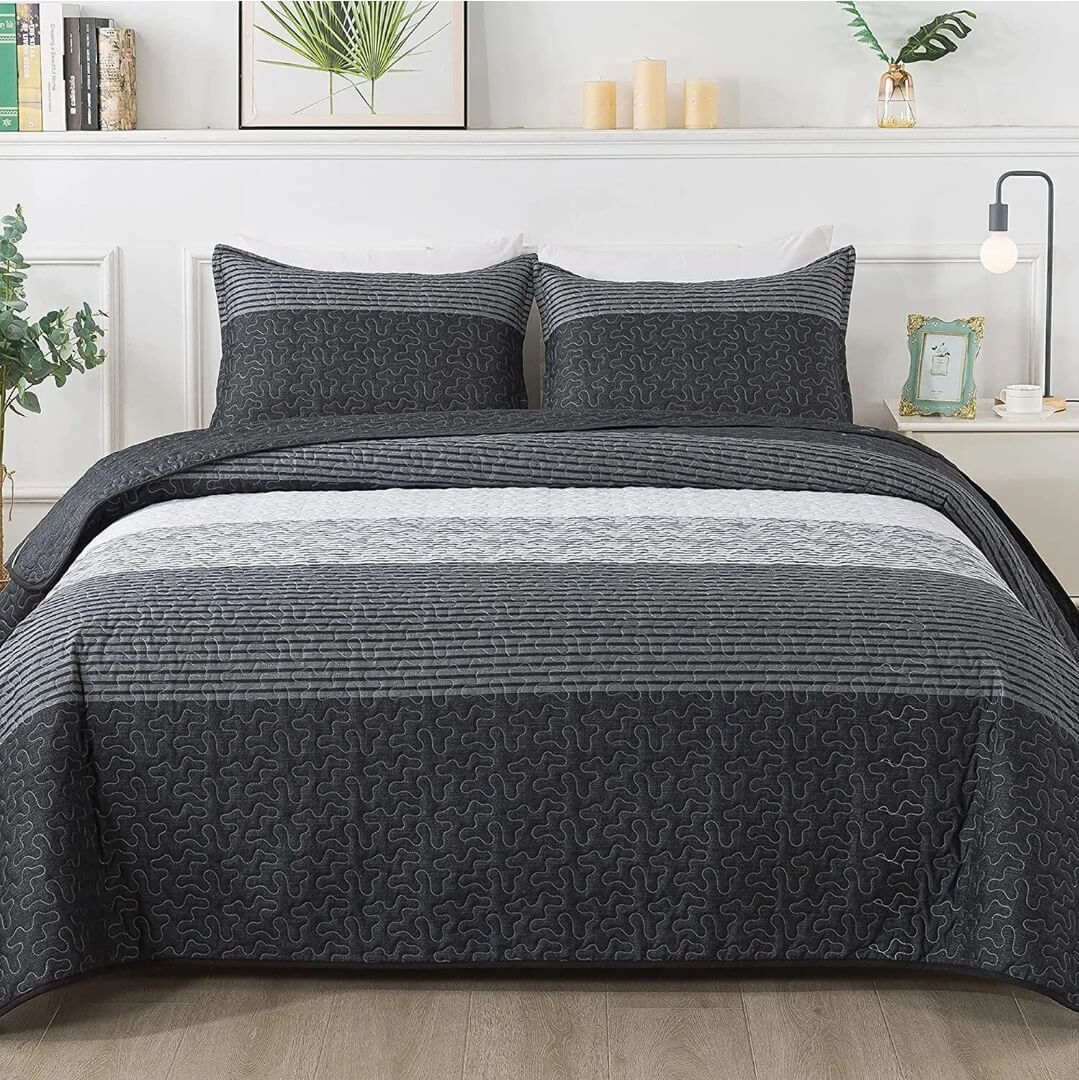 Black & Grey Coverlet Set-Quilted Bedspread Sets (3Pcs)
