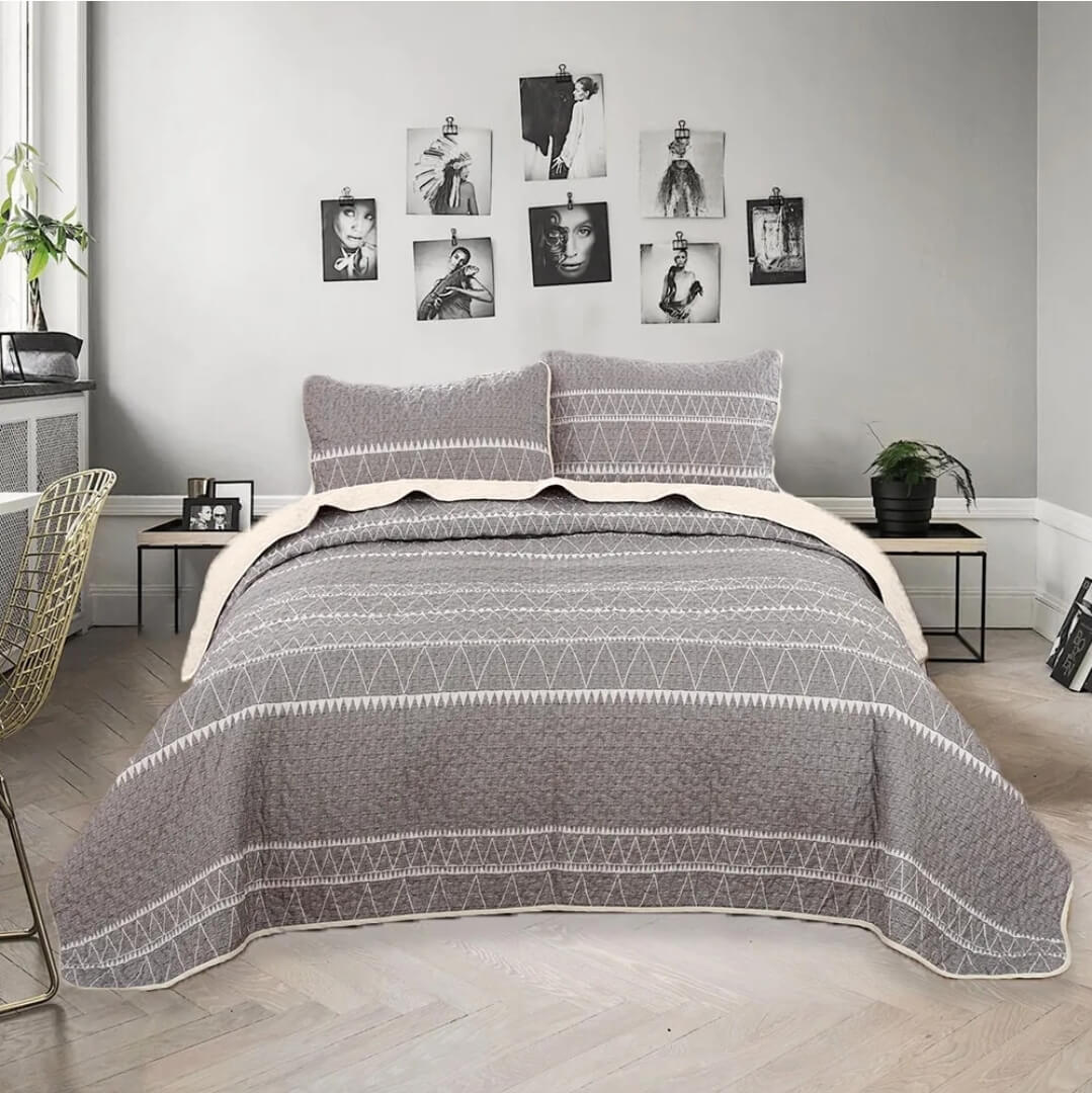 Grey Striped Coverlet Set-Quilted Bedspread Sets (3Pcs)