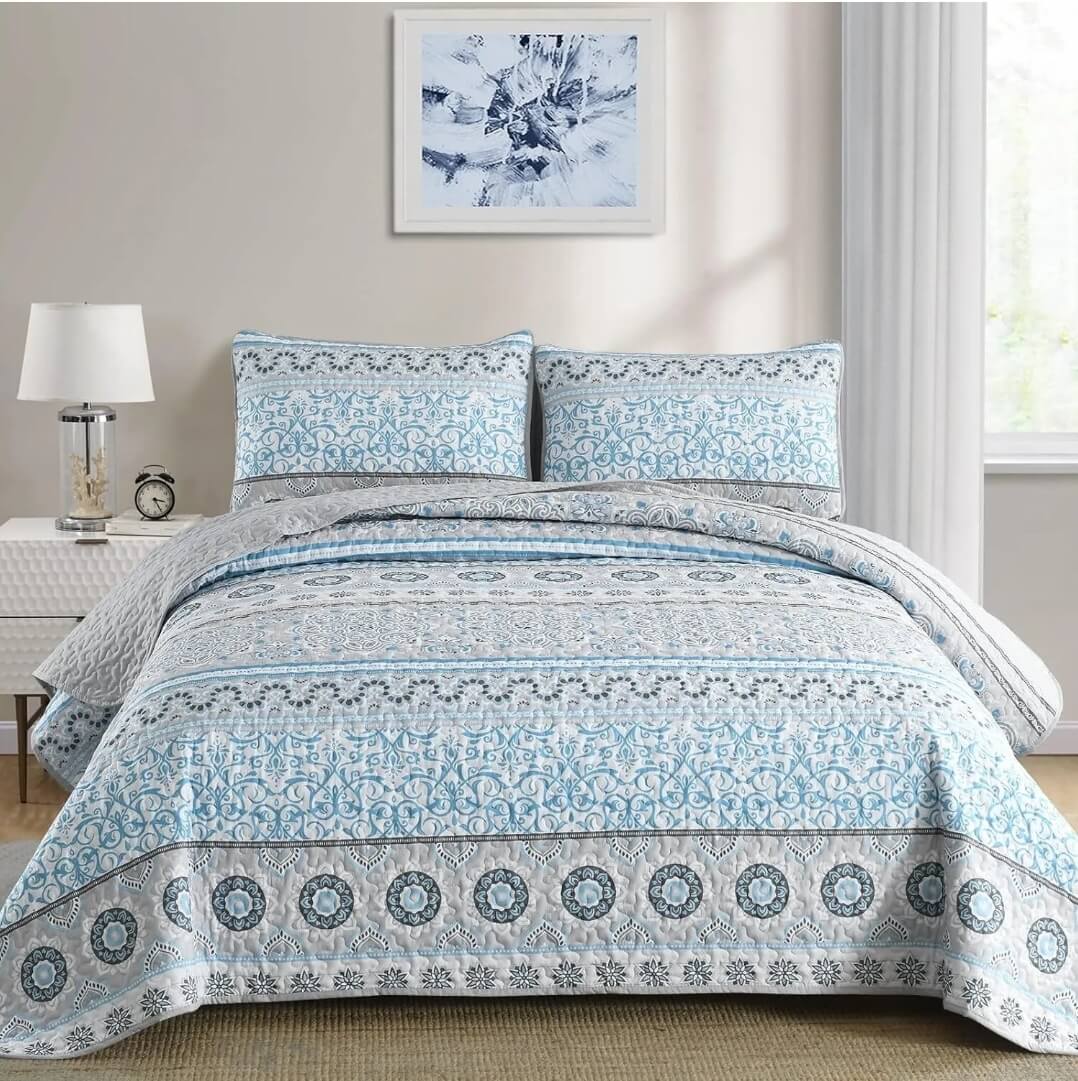 Blue Grey Patchwork Coverlet Set-Floral Quilted Bedspread Sets (3Pcs)