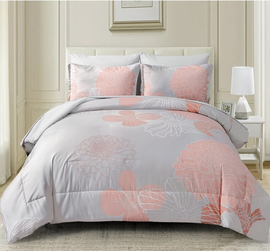 2025 Pink Flower Comforter Set-Quilt Set (3Pcs)