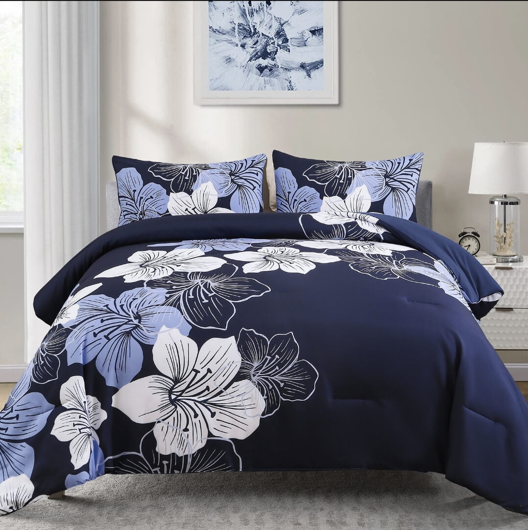 Dark Blue Floral Comforter Set-Quilt Set (3Pcs)