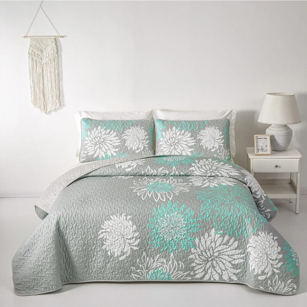 Green Flower Coverlet Set-Quilted Bedspread Sets (3Pcs)