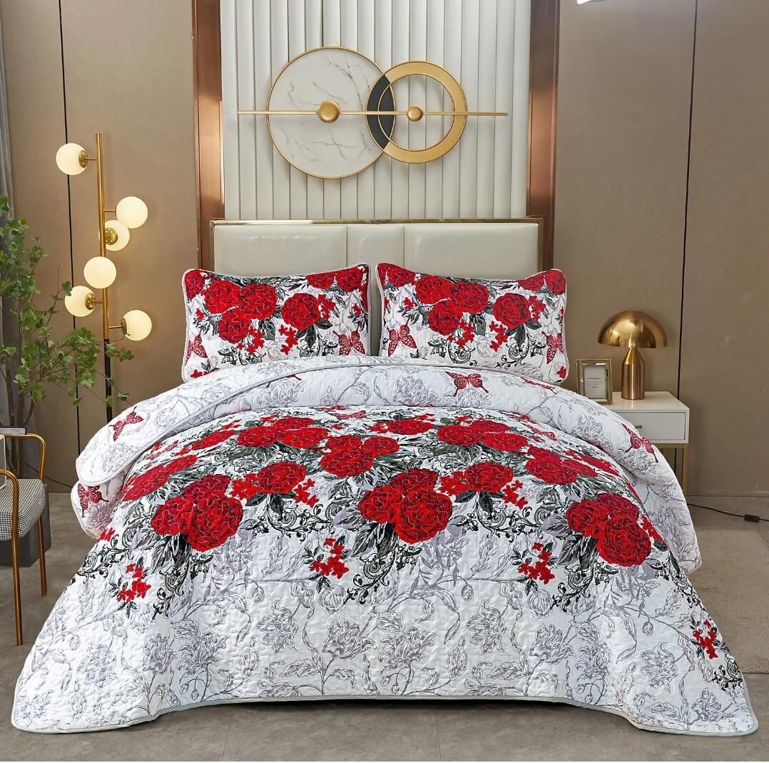 Red Roses Quilted Bedspread Coverlet Sets (3Pcs)