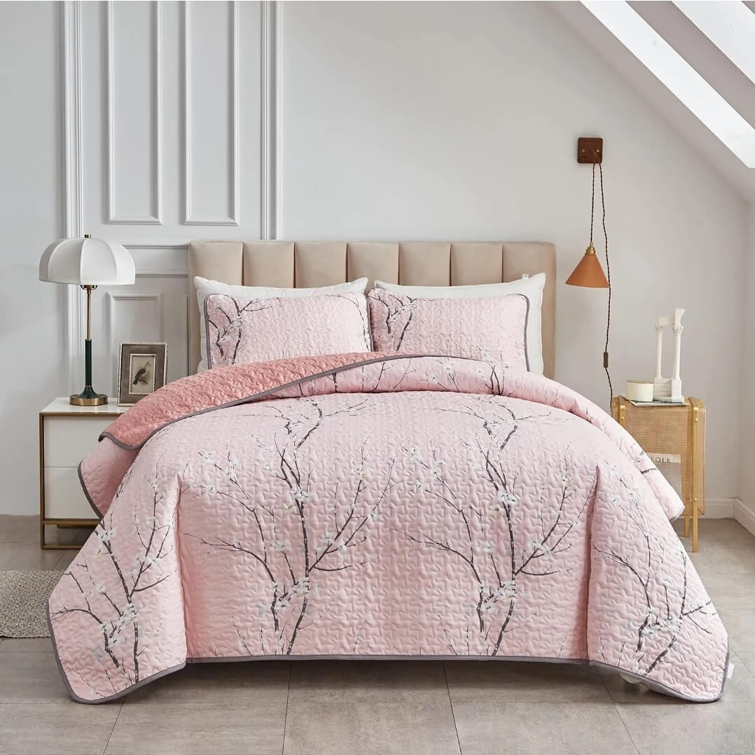 Pink Floral Quilted Bedspread Coverlet Sets (3Pcs)